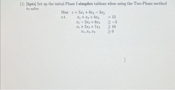 Solved (1) [5pts] Set up the initial Phase I simplex tableau | Chegg.com