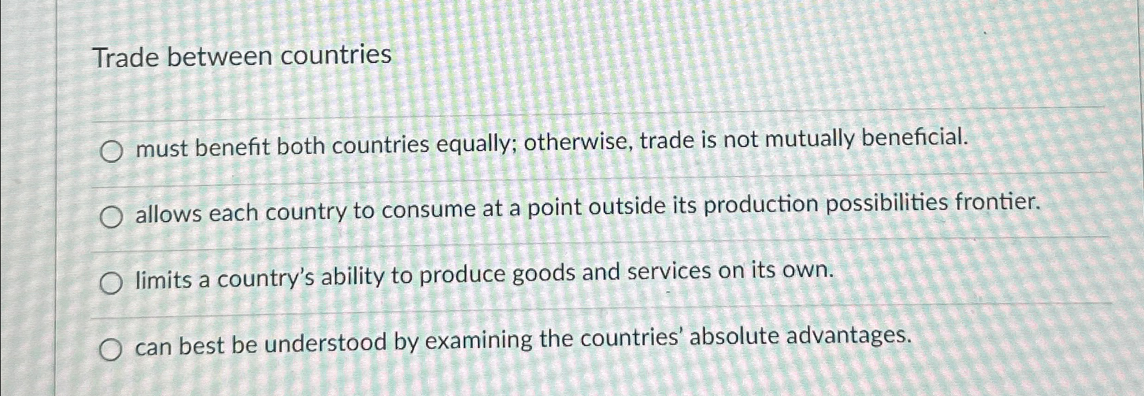 Solved Trade between countriesmust benefit both countries | Chegg.com