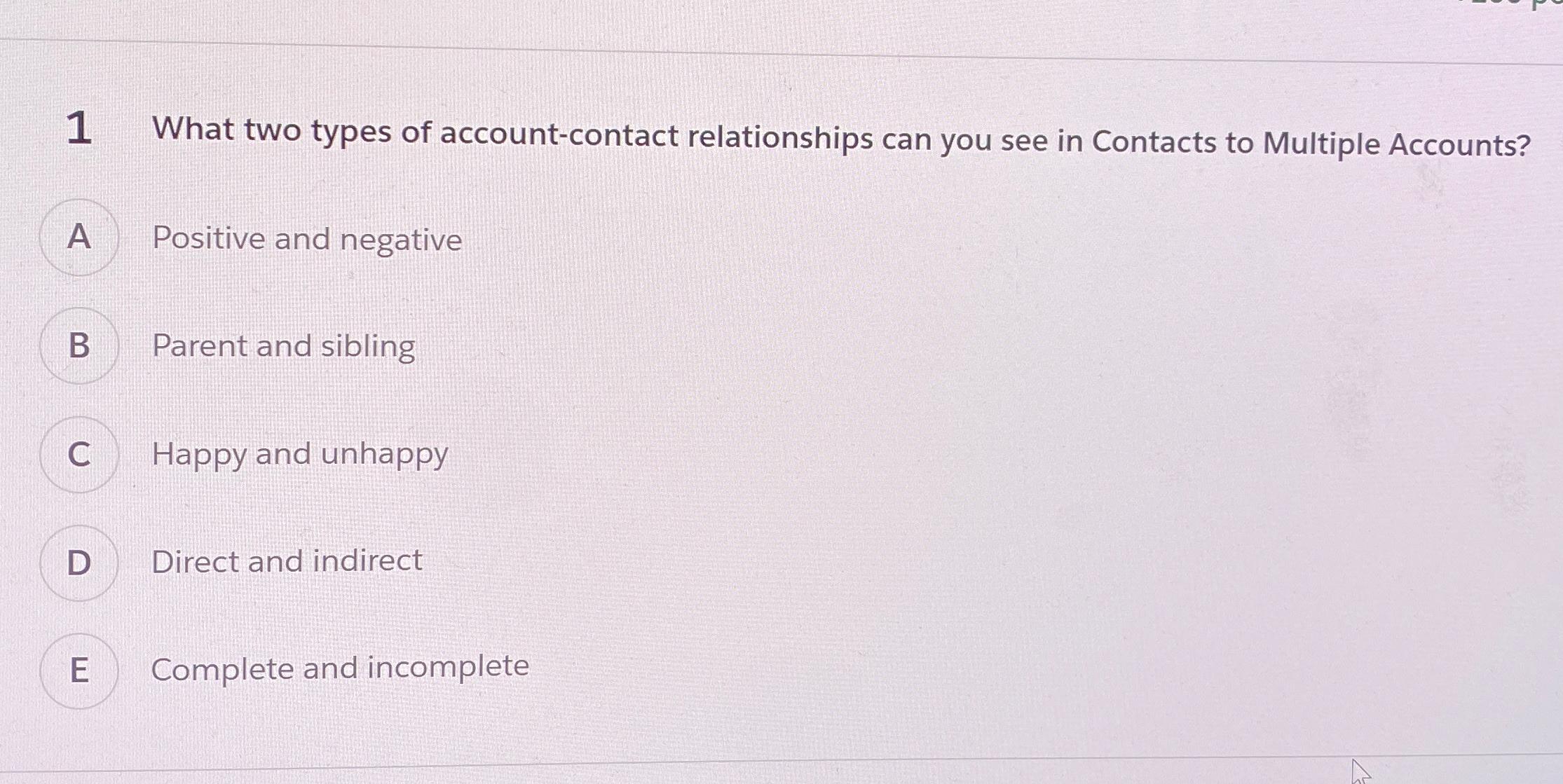 Solved 1 ﻿What two types of account-contact relationships | Chegg.com