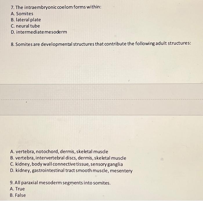 Solved 7. The intraembryonic coelom forms within: A. Somites | Chegg.com