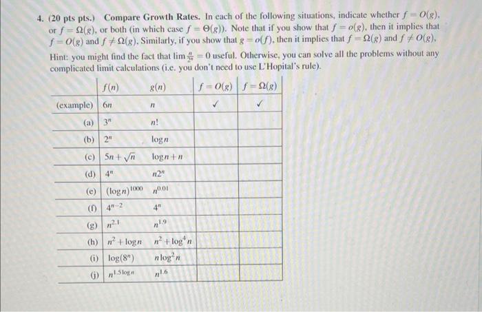 Solved 4. (20 pts pts.) Compare Growth Rates. In each of the | Chegg.com