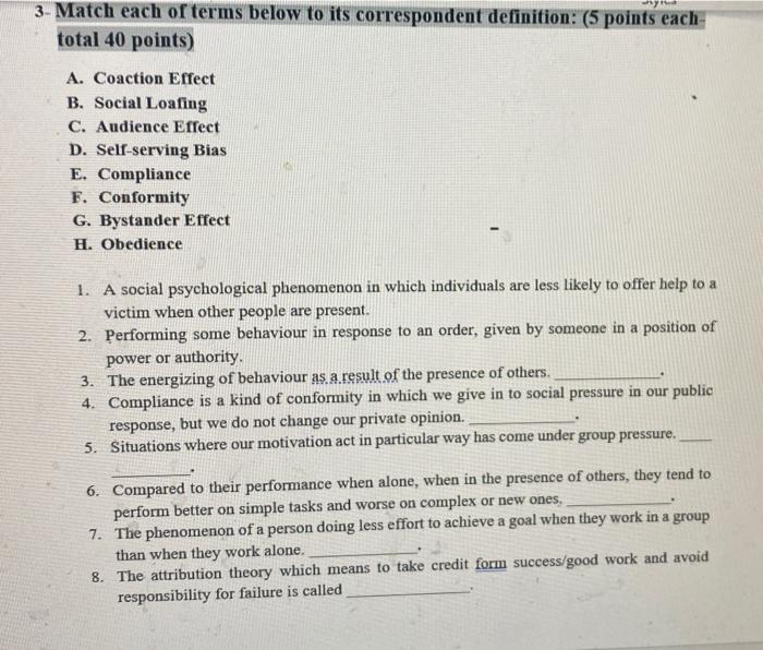 Solved 3- Match each of terms below to its correspondent | Chegg.com