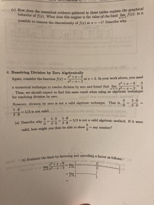 Solved 1. Division by Zero and the Graphical Behavior of | Chegg.com