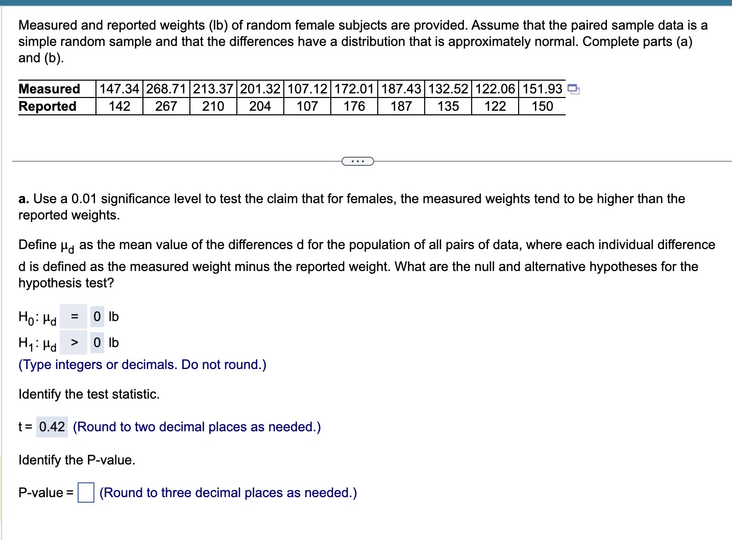 Solved Measured and reported weights ( lb ) ﻿of random | Chegg.com