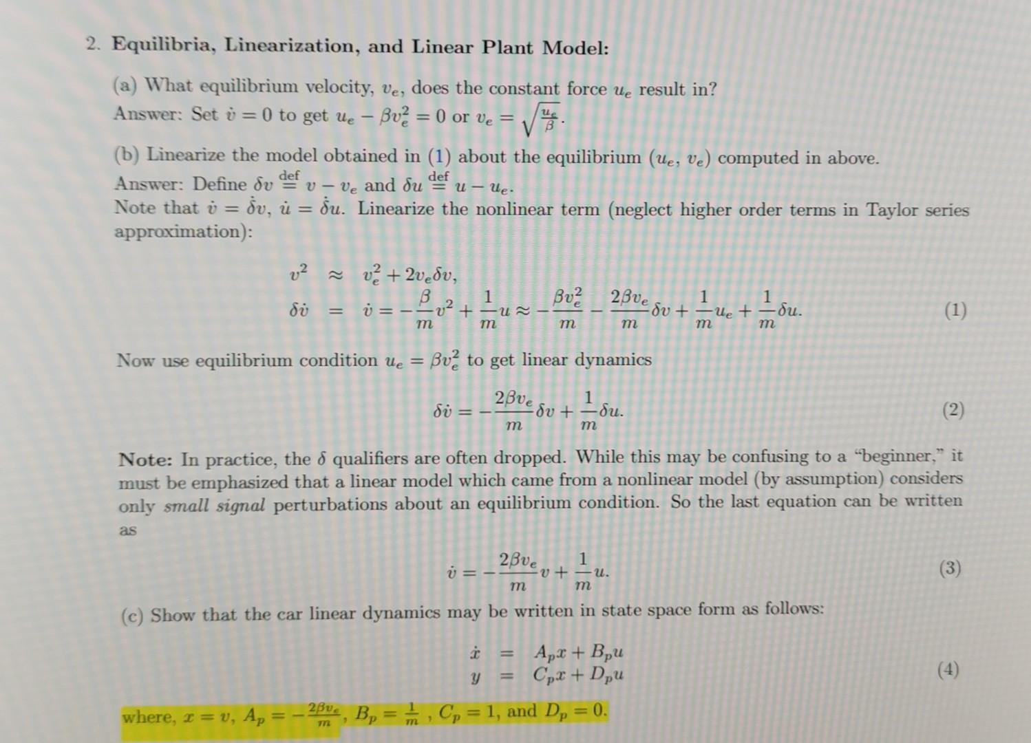 Solved 2. Equilibria, Linearization, and Linear Plant Model: | Chegg.com