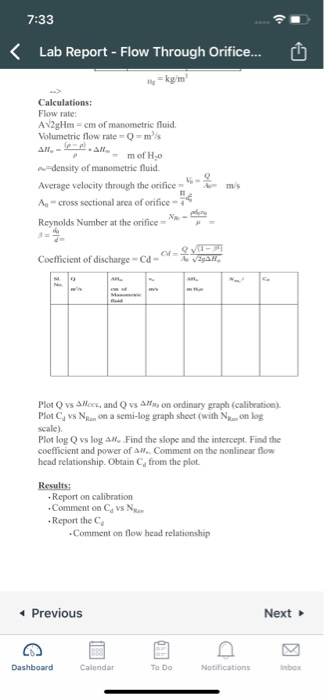 Solved FLOW THROUGH ORIFICE METER Aim of the Experiment: To | Chegg.com