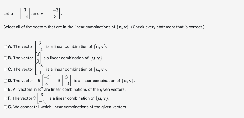 Solved Let u=[3-4], ﻿and v=[-33].Select all of the vectors | Chegg.com