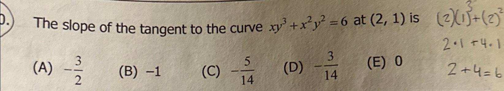 Solved The slope of the tangent to the curve xy3+x2y2=6 ﻿at | Chegg.com