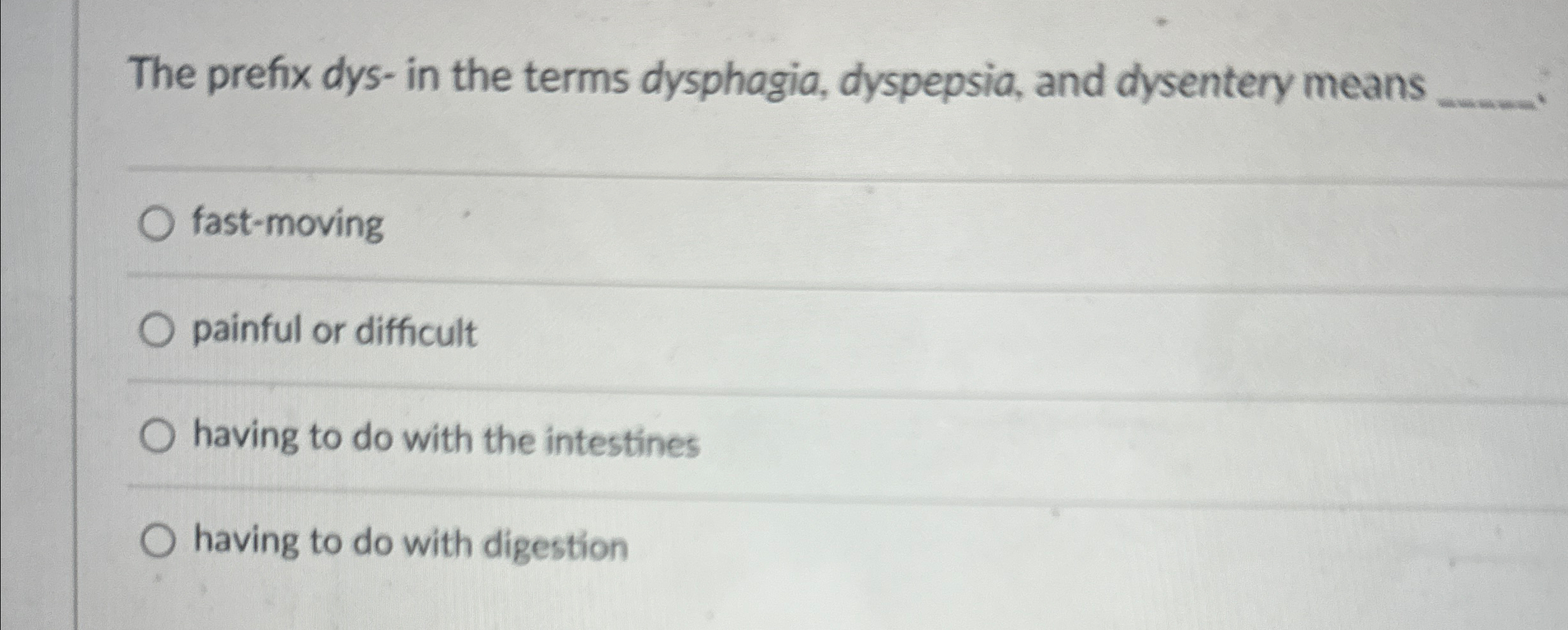 Solved The prefix dys- ﻿in the terms dysphagia, dyspepsia, | Chegg.com