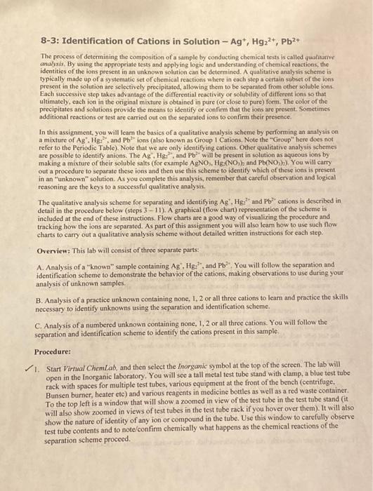 8-3: Identification of Cations in Solution - Ag*, | Chegg.com