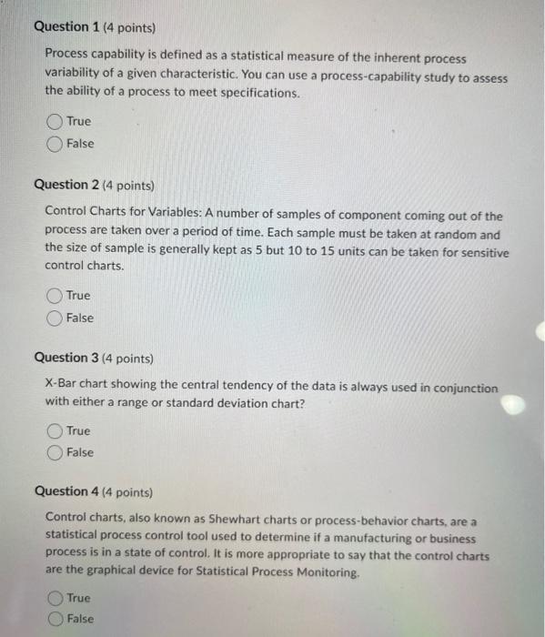 Solved Question 1 (4 points) Process capability is defined | Chegg.com
