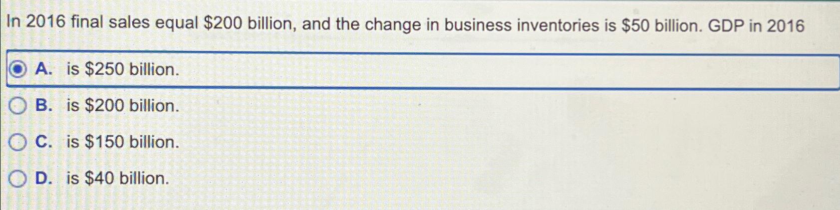 Solved In 2016 ﻿final sales equal $200 ﻿billion, and the | Chegg.com