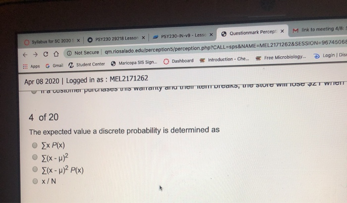 Solved Stabus for SC 2020 + → C o Apps G Gmail * O PSY230 | Chegg.com