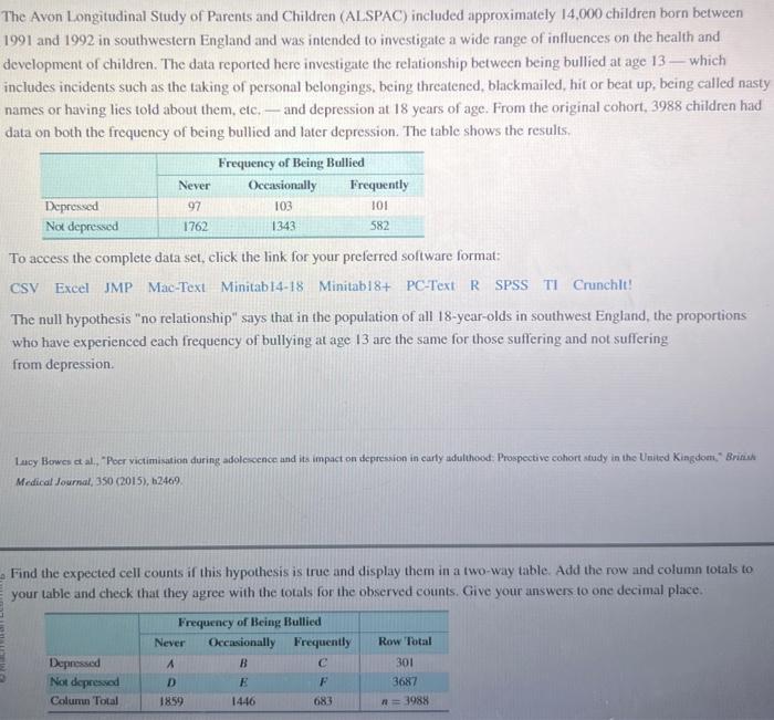 Solved The Avon Longitudinal Study of Parents and Children | Chegg.com