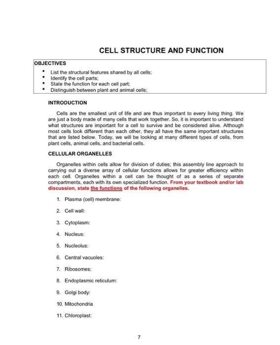 Solved CELL STRUCTURE AND FUNCTION OBJECTIVES List the | Chegg.com