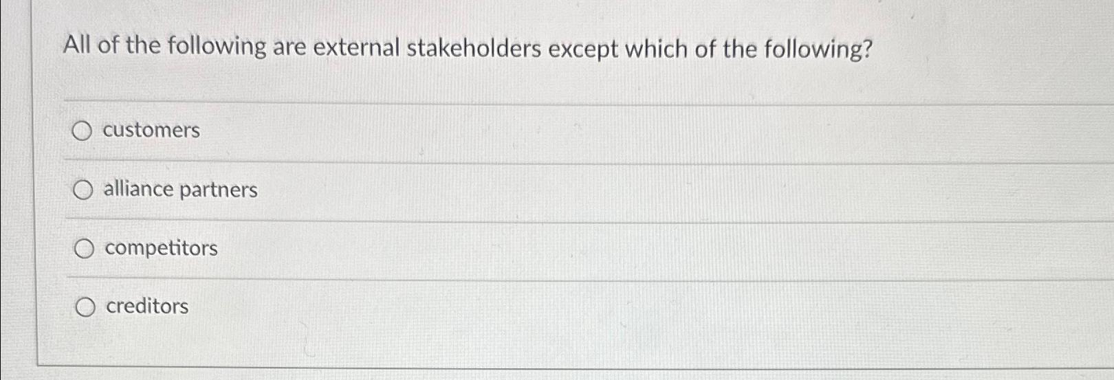 Solved All of the following are external stakeholders except | Chegg.com