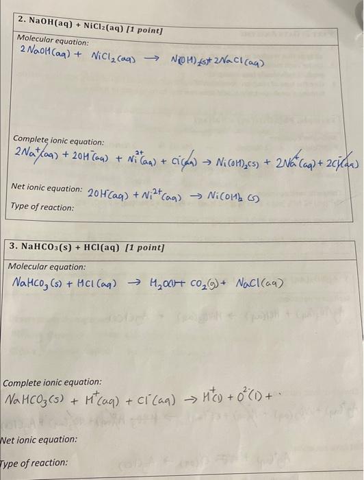 Solved 2. NaOH(aq) + NiCl₂(aq) [1 point] Molecular equation: | Chegg.com