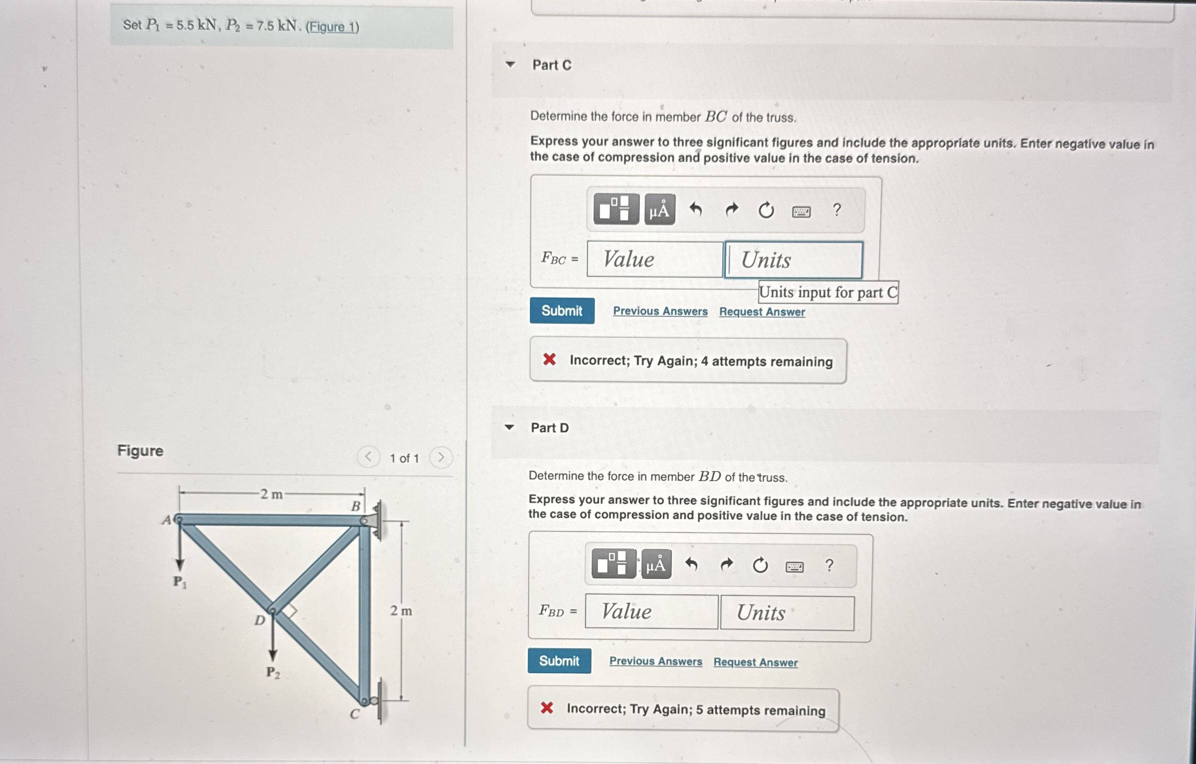 Solved by an EXPERT Set P1=5.5kN,P2=7.5kN. (Figure 1)Part CDetermine the | Chegg.com