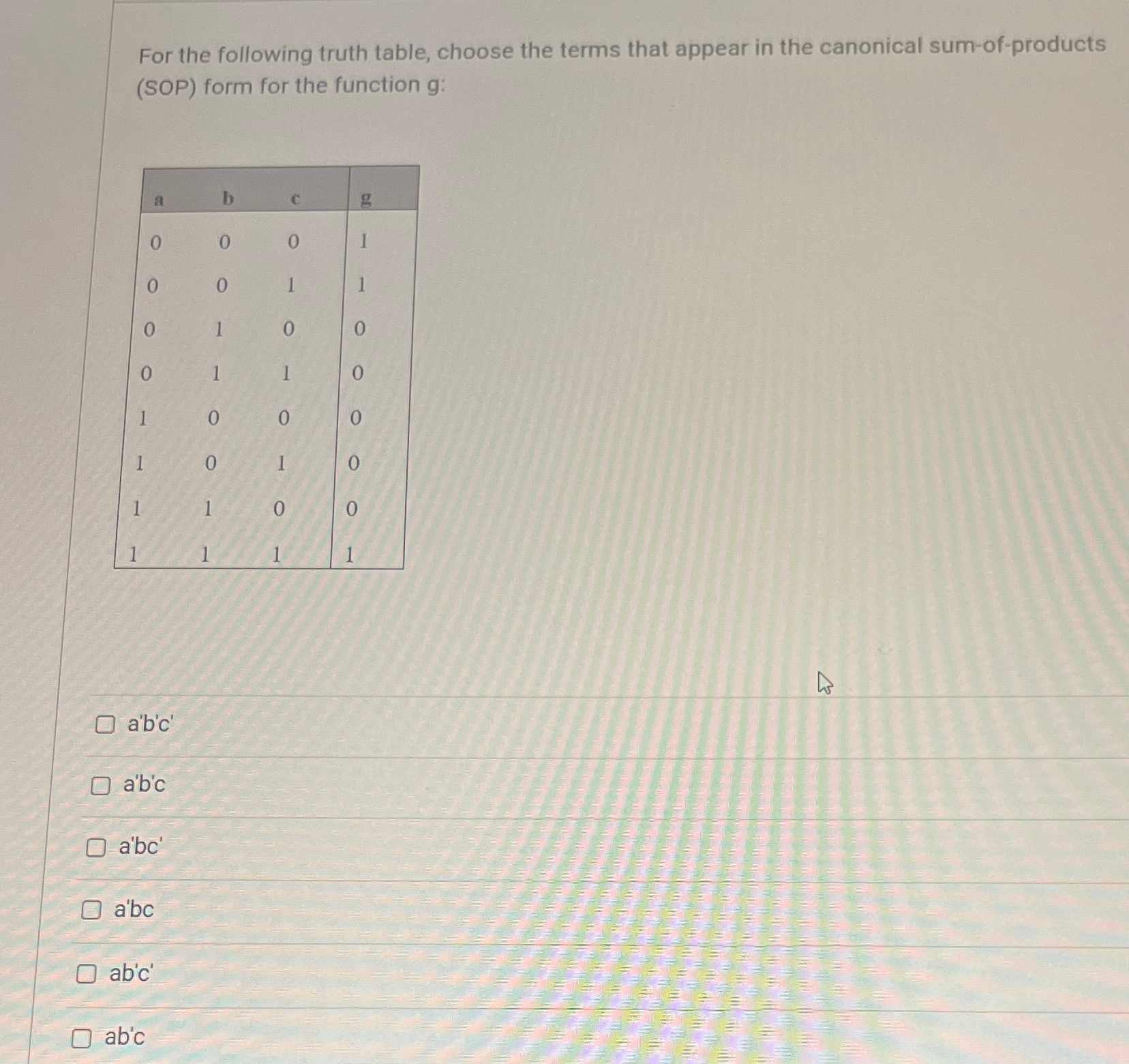 Solved For the following truth table, choose the terms that | Chegg.com