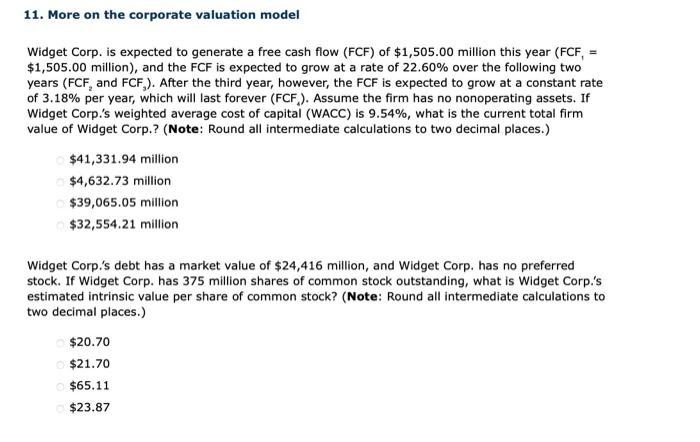 Solved 11. More on the corporate valuation model Widget | Chegg.com