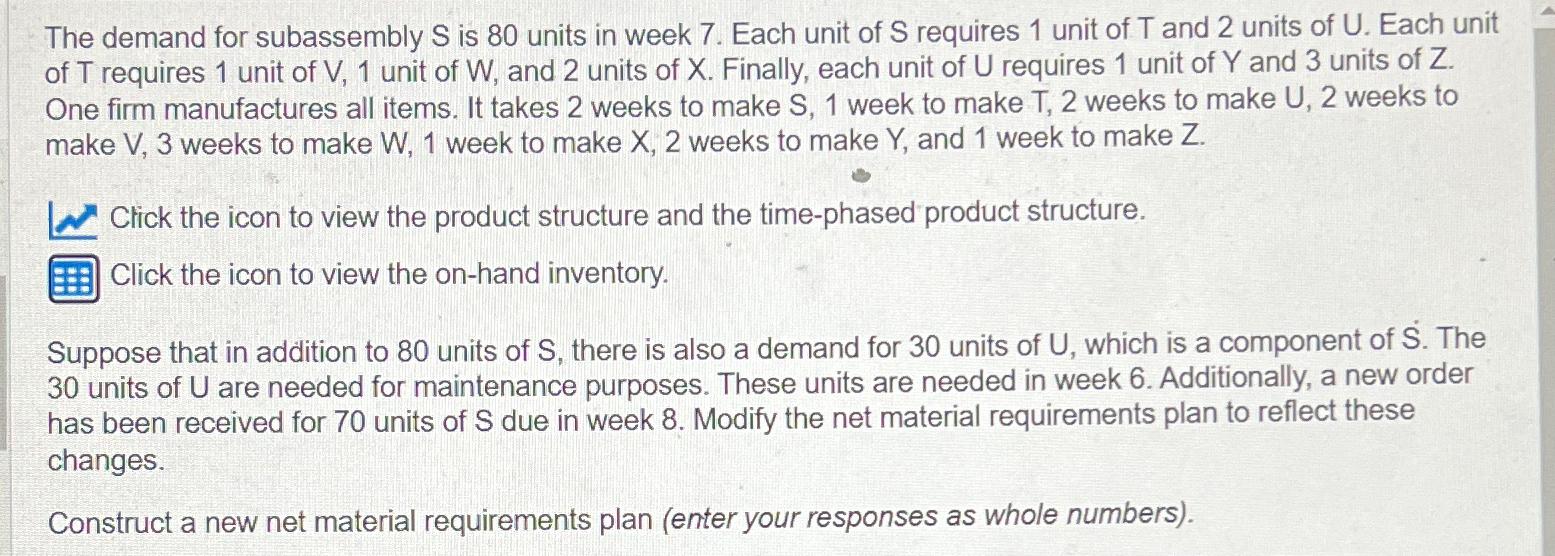 Solved The demand for subassembly S ﻿is 80 ﻿units in week 7. | Chegg.com