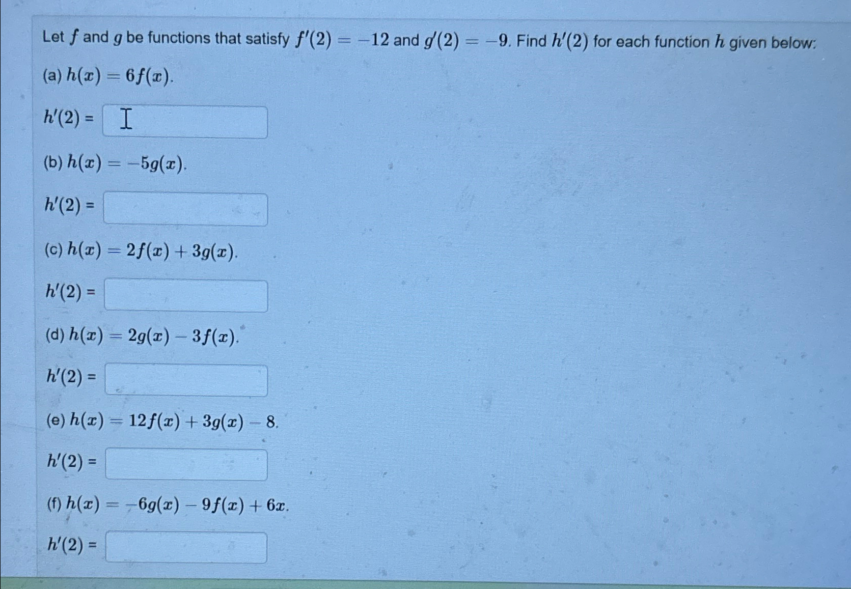 Solved Let f ﻿and g ﻿be functions that satisfy f'(2)=-12 | Chegg.com