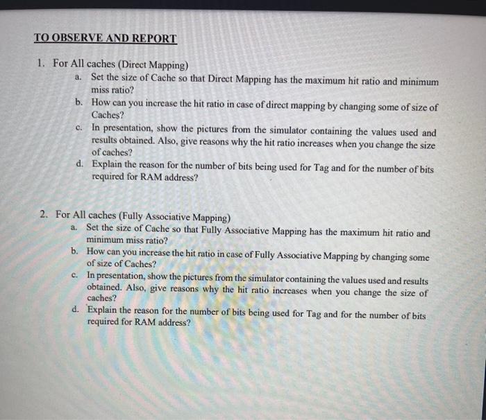 Solved Part1: is related to mapping of memory to cache. For | Chegg.com