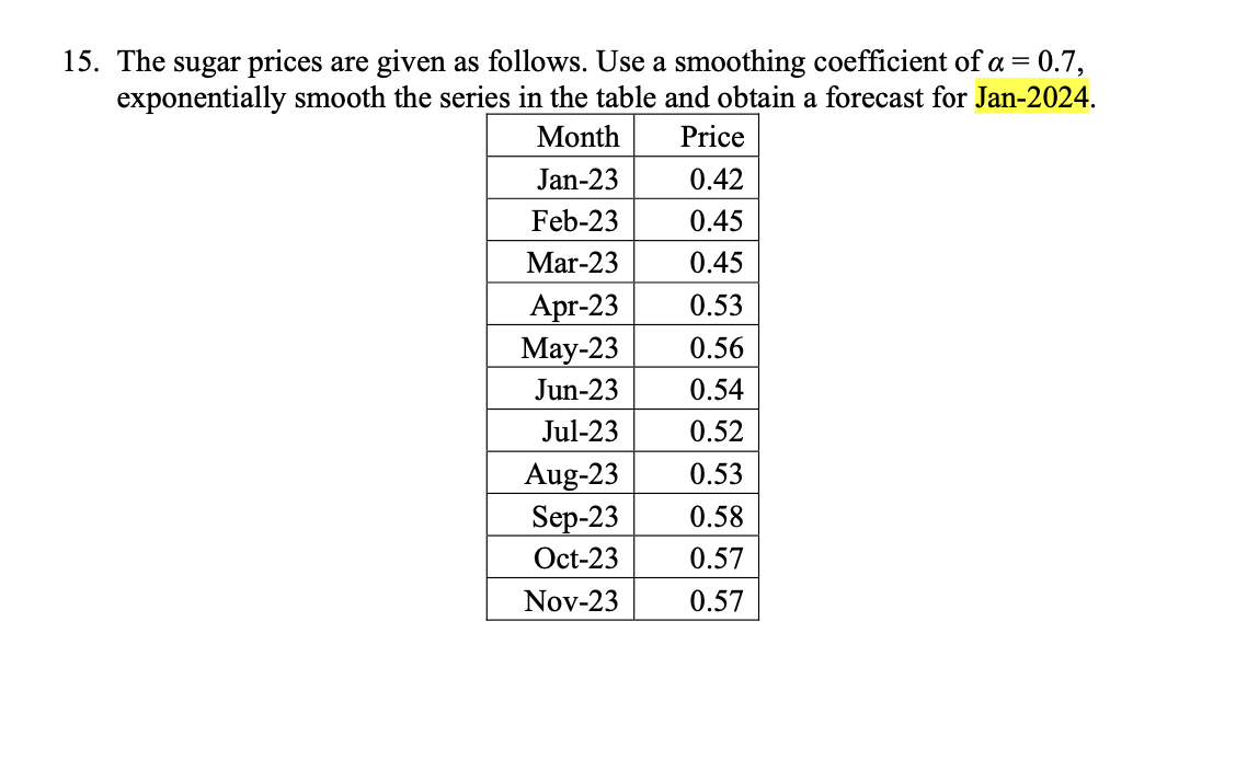 Solved The sugar prices are given as follows. Use a | Chegg.com