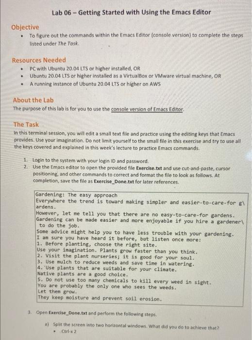 Solved Lab 06 Getting Started With Using The Emacs Editor
