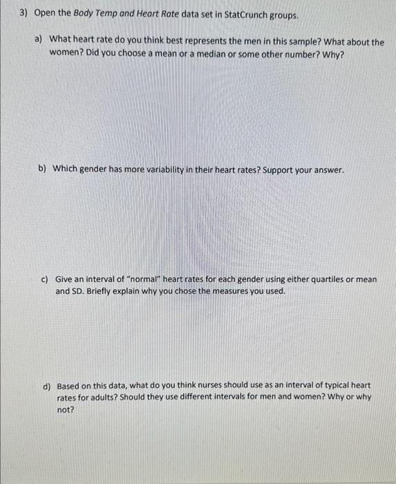 3) Open the Body Temp and Heart Rate data set in | Chegg.com