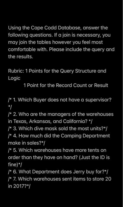 Solved Using the Cape Codd Database, answer the following | Chegg.com