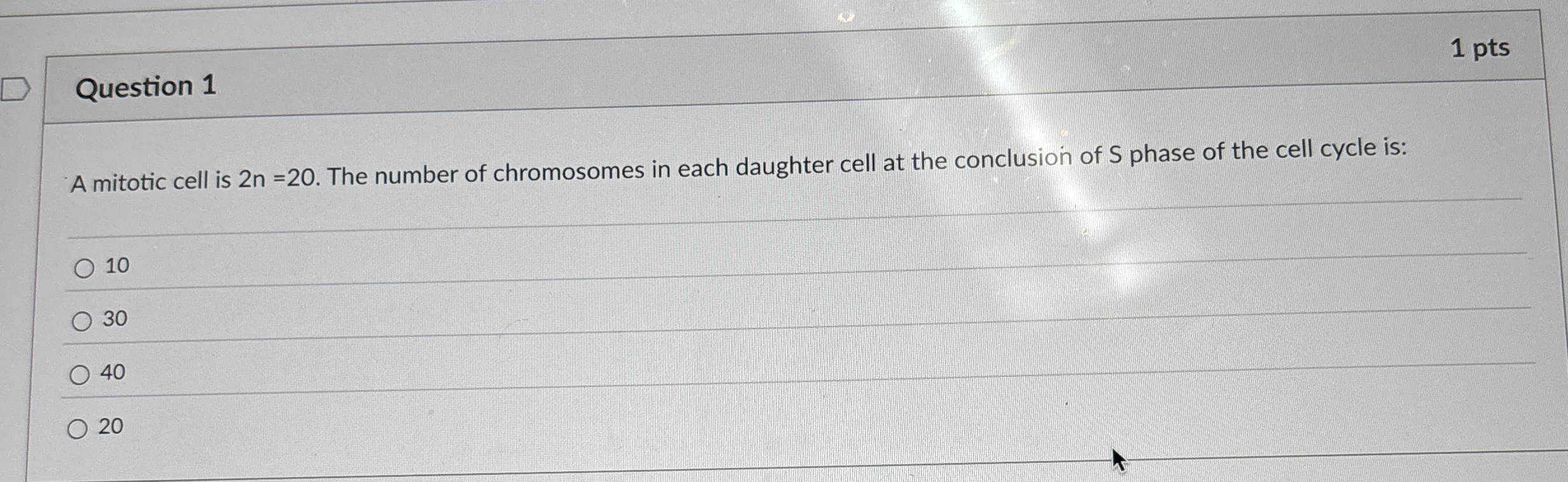 Solved Question 11 ﻿ptsA mitotic cell is 2n=20. ﻿The number | Chegg.com