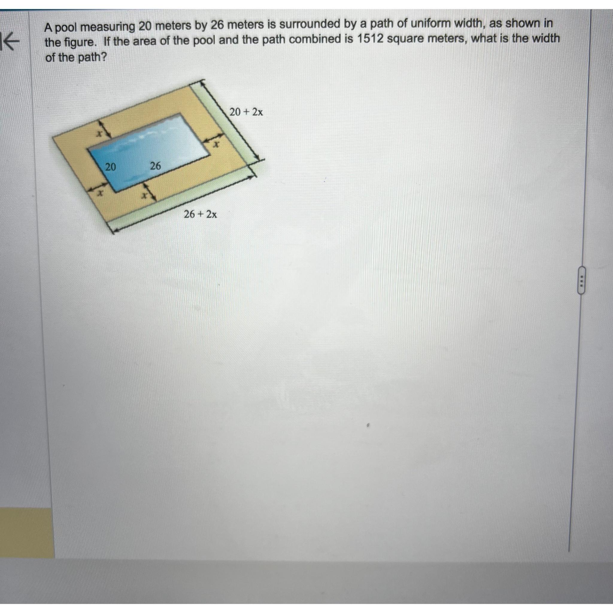 Solved A pool measuring 20 ﻿meters by 26 ﻿meters is | Chegg.com