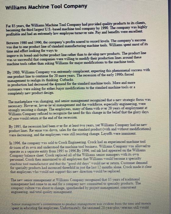 Solved Williams Machine Tool Company Far 85 years, the | Chegg.com