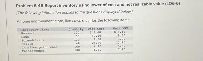Solved Problem 6-4B Report inventory using lower of cost and | Chegg.com