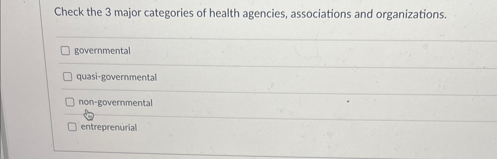 Solved Check the 3 ﻿major categories of health agencies, | Chegg.com
