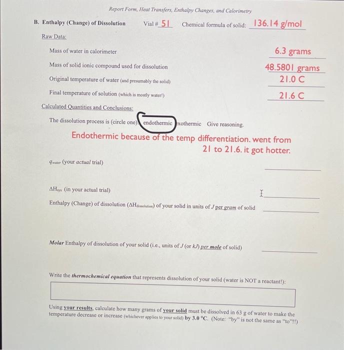 Solved Exp. 9. Report Form: Heat Transfers, Enthalpy | Chegg.com