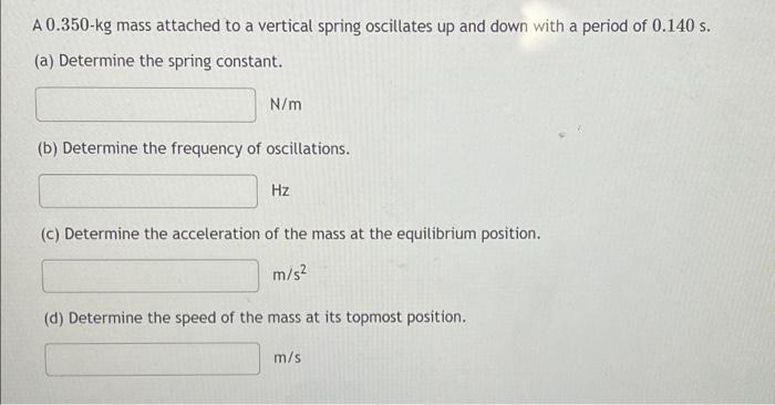 Solved A 0.350-kg mass attached to a vertical spring | Chegg.com