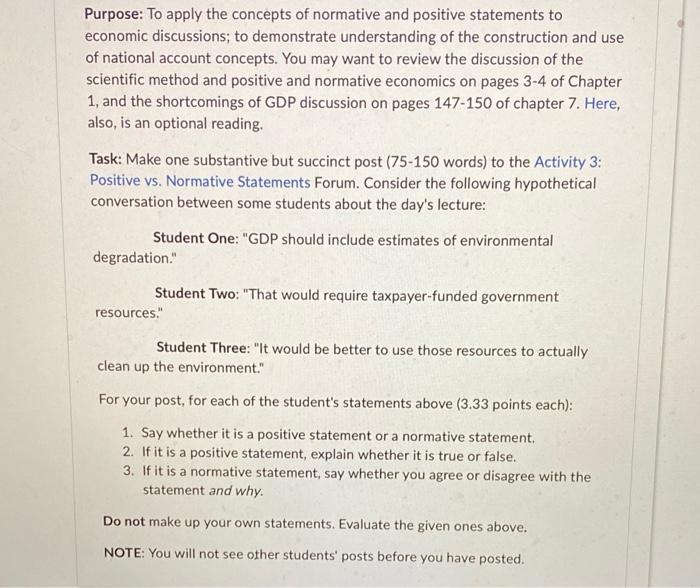 Solved Purpose: To apply the concepts of normative and | Chegg.com