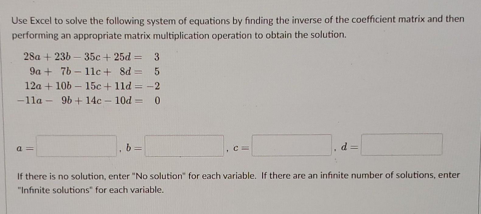 Solved Use Excel to solve the following system of equations | Chegg.com