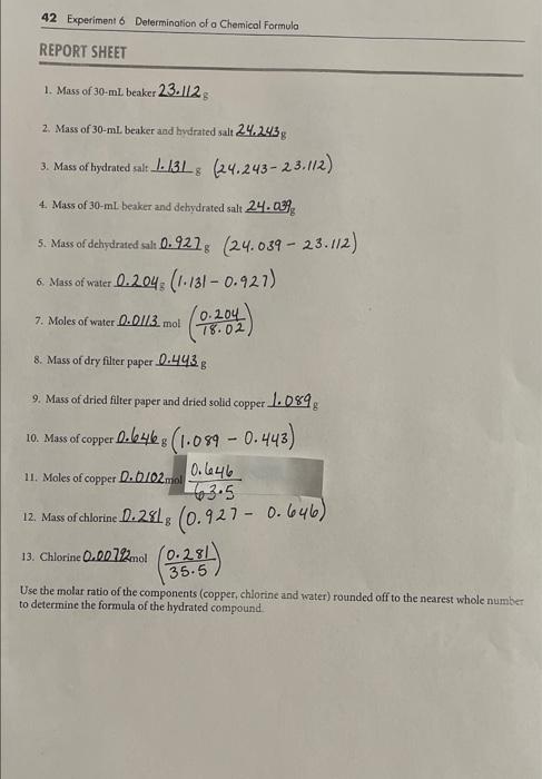 Solved 42 Experiment 6 Determination of a Chemical Formula | Chegg.com