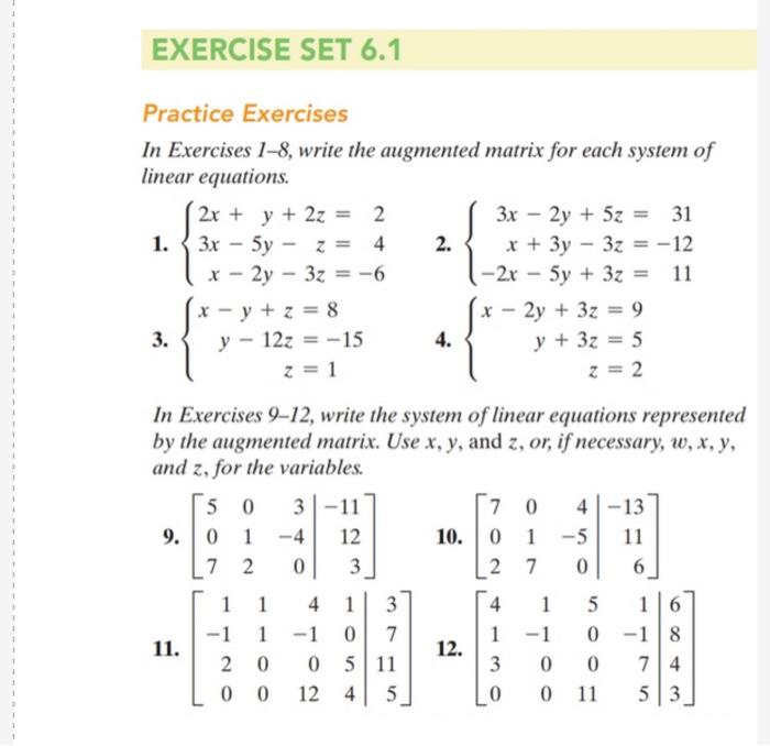 Solved In Exercises 1-8, write the augmented matrix for each | Chegg.com