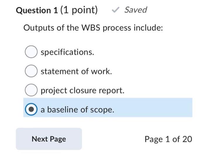 Solved Outputs of the WBS process include: specifications. | Chegg.com