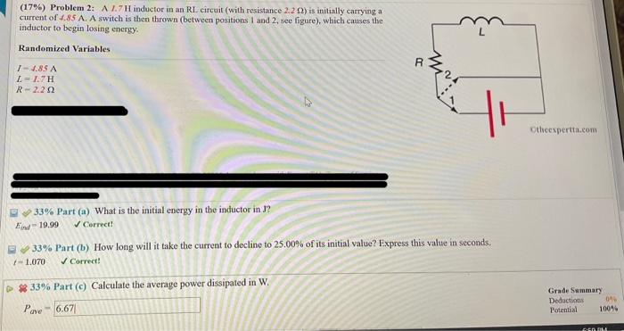 (17\%) Problem 2: A 1.7H inductor in an RL circuit | Chegg.com