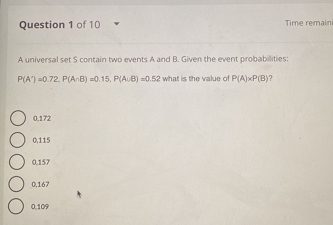 Solved Question 1 ﻿of 10Time remainA universal set S | Chegg.com