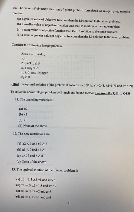 Solved 10. The value of objective function of profit problem | Chegg.com