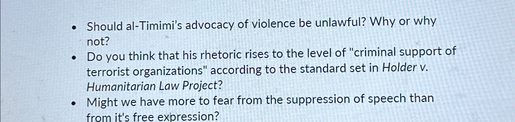 Solved Should al-Timimi's advocacy of violence be unlawful? | Chegg.com
