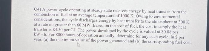 Solved Q4) A power cycle operating at steady state receives | Chegg.com