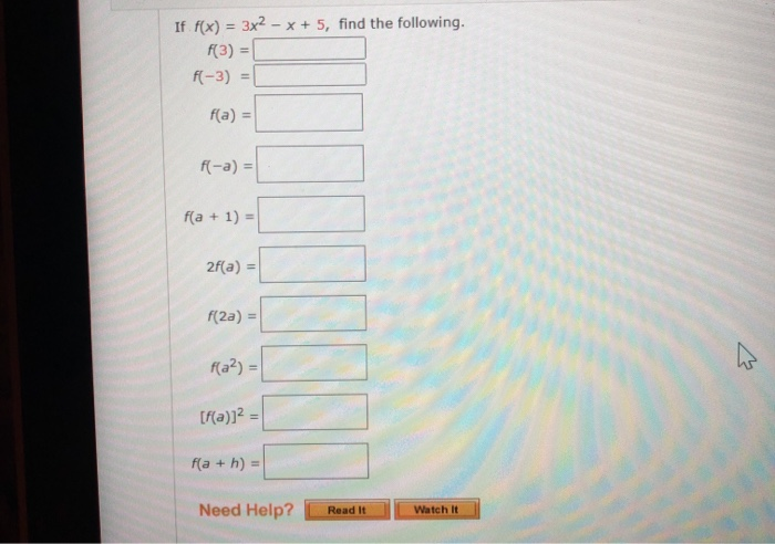 Solved If f(x) = 3x2 – x + 5, find the following. f(3) = | Chegg.com