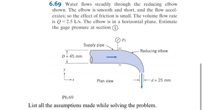Solved 6.69 Water flows steadily through the reducing elbow | Chegg.com
